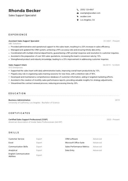 Sales Support Specialist Cv Example