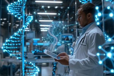 Scientist Analyzing Dna Structure Using Augmented Reality Interface Premium Ai Generated Image