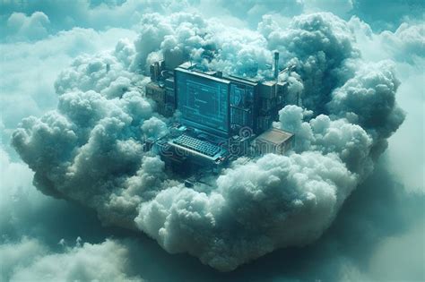 Futuristic Computer In The Clouds Digital Cityscape Above The Heavens Stock Illustration