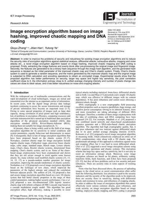Pdf An Image Encryption Algorithm Based On Image Hashing Improved Chaotic Mapping And Dna Coding