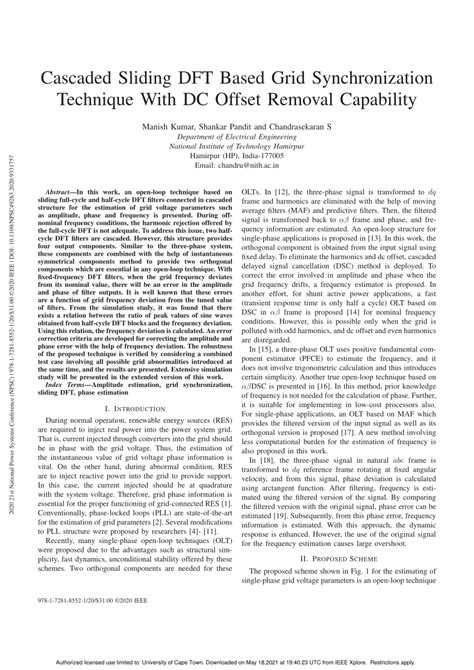 Pdf Cascaded Sliding Dft Based Grid Synchronization Technique With Dc