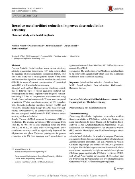 Iterative Metal Artifact Reduction Improves Dose Calculation Accuracy Request Pdf