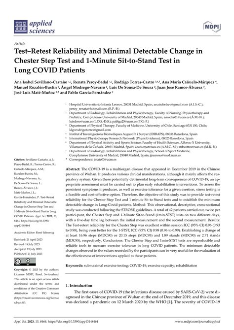 PDF Test Retest Reliability And Minimal Detectable Change In Chester Step Test And 1 Minute
