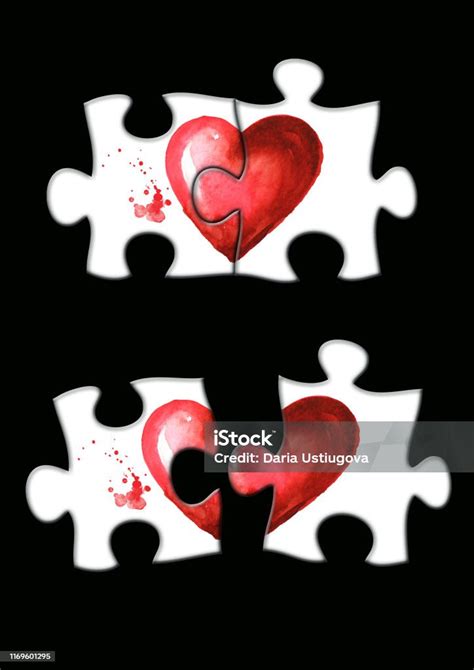 사랑과 로맨스 일러스트 전개 퍼즐 마음의 2 반쪽별도로 함께하지 그리고 함께 접힌 퍼즐 흰색 배경에 격리 된 수채화 손으로 그린 그림 감정에 대한 스톡 벡터 아트 및 기타