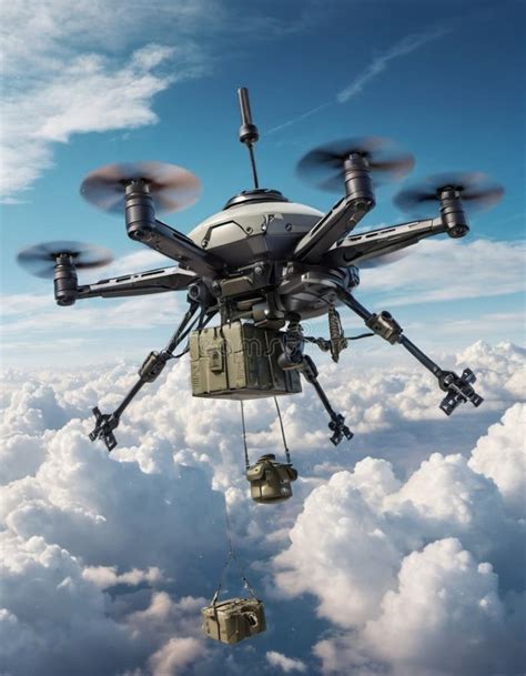 An Advanced Combat Drone Hovers Above Fluffy Clouds Preparing To