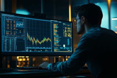 stock market trader analyzing charts on multiple monitors at night