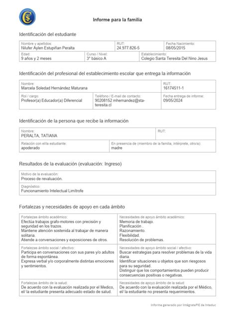 Informe De La Familia Dea Pdf Evaluación Escuelas