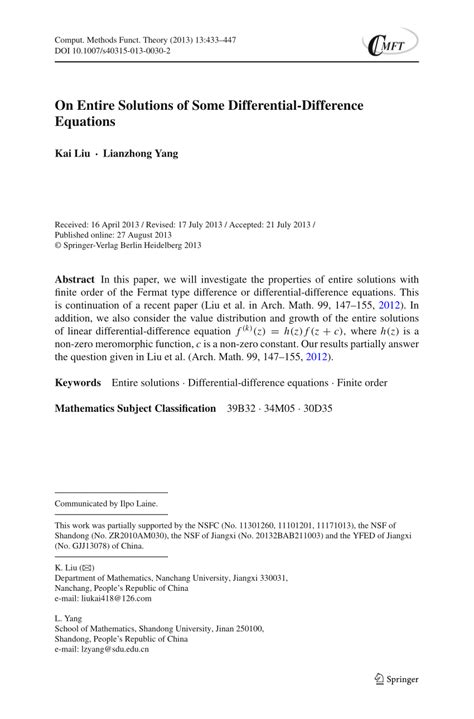 Pdf On Entire Solutions Of Some Differential Difference Equations