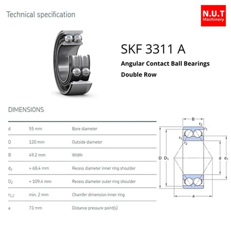 SKF 3311 A ตลับลูกปืนเม็ดกลมสองแถวสัมผัสเชิงมุม รังเหล็ก - NUT Machinery