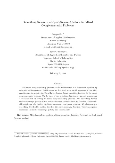 Pdf Smoothing Newton And Quasi Newton Methods For Mixed Complementarity Problems