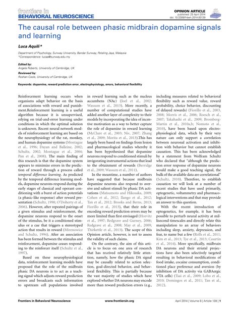 Pdf The Causal Role Between Phasic Midbrain Dopamine Signals And Learning