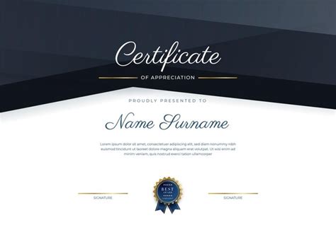감사장 템플릿 금색과 파란색 금색 배지가 있는 깨끗한 현대 인증서 고급스럽고 현대적인 라인 패턴이 있는 인증서 테두리 템플릿 졸업장 벡터 템플릿 프리미엄 벡터