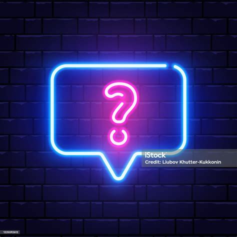 네온 빛나는 물음표 퀴즈 네온 배너 벽돌 벽에 네온 프레임을 색상 사실적인 밝은 밤 간판입니다 빛나는 네온 연설 거품 벡터 일러스트레이션 물음표에 대한 스톡 벡터 아트 및