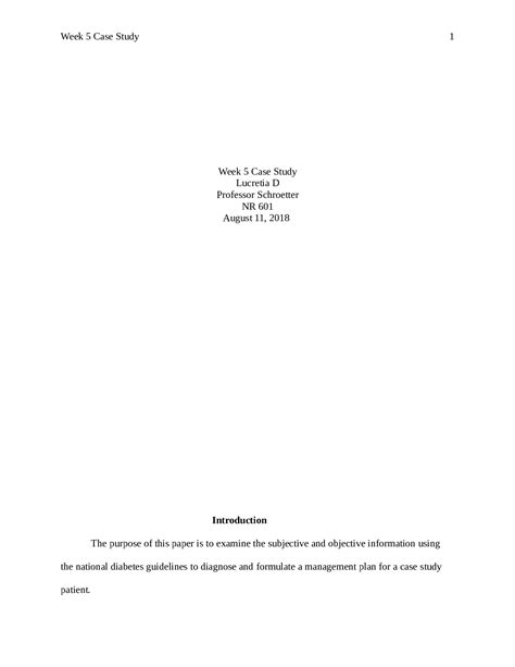 Nr 601 Week 5 Case Study Assignment Subjective Objective Information