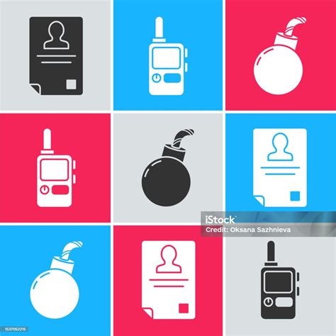 Set Identification Badge Walkie Talkie And Bomb Ready To Explode Icon Vector Stock Illustration