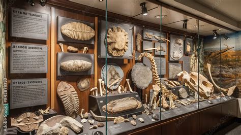 Museum Exhibit Case With Of Different Sizes And Types Fossil Displayed From Small Trilobites To