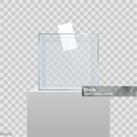 현실 빈 투명 한 투표 상자 배경에 고립 된 구멍에 종이 투표의 크리에이 티브 벡터 일러스트 아트 디자인 유리 케이스 박물관 받침대 무대 3d 연단에 있다 개념 그래픽