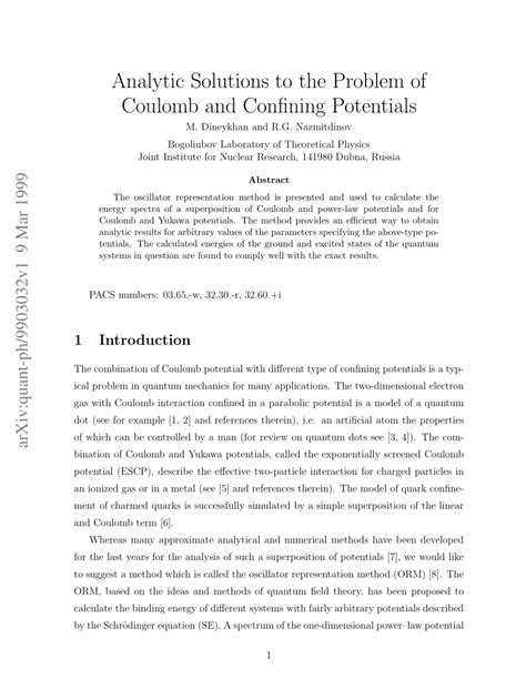 Pdf Analytic Solutions To The Problem Of Coulomb And Confining Potentials