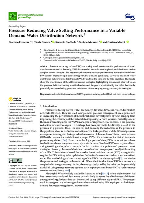 Pdf Pressure Reducing Valve Setting Performance In A Variable Demand Water Distribution Network