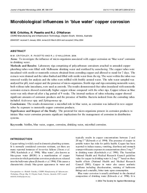 Pdf Microbiological Influences In Blue Water Copper Corrosion