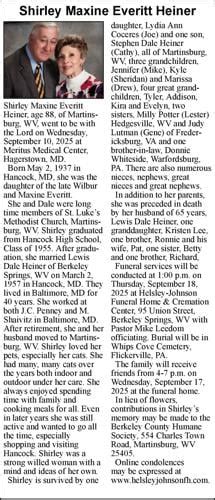 Shirley Maxine Everitt Heiner Obituaries Journal
