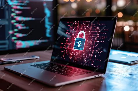 Premium Photo A Laptop Screen Displaying A Glowing Padlock Symbol Amidst Digital Code