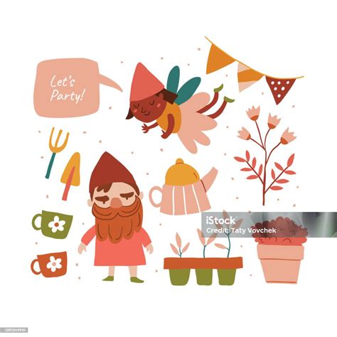 엘프 요정 정원 도구 식물 찻잔과 주전자 꽃 정원 파티 세트 원예 아이콘 세트 플랫 만화 스타일 원예의 벡터 손으로 그린 삽화 귀여운 정원 아이콘 0명에 대한 스톡 벡터