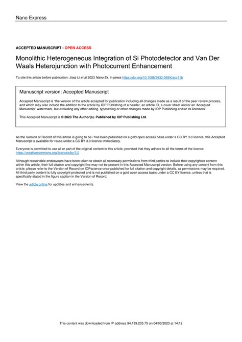 Pdf Monolithic Heterogeneous Integration Of Si Photodetector And Van