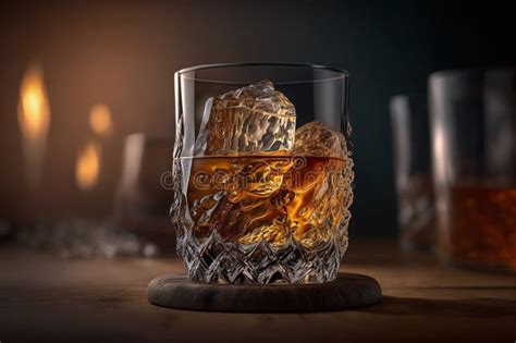 Whiskey Glass Brandy Bottle Of Whiskey With Ice Glass Of Scotch And Ice Sits On Top Of A