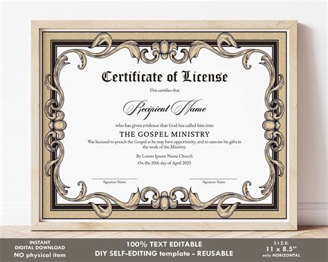 Editable License To Preach Template Printable Certificate Of License