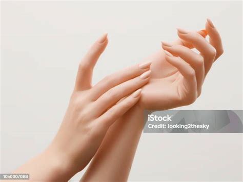 손톱에 빛 핑크 매니큐어와 아름 다운 여자의 손의 근접 촬영 이미지입니다 스킨 케어 손 매니큐어 및 미용 관리 슬림 우아한 손가락으로 우아하고 우아한 손 손에 대한 스톡