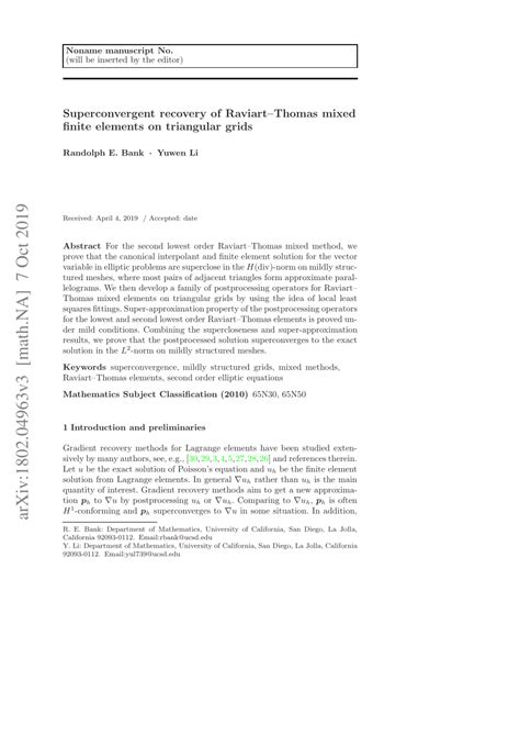 Pdf Superconvergent Recovery Of Raviart Thomas Mixed Finite Elements