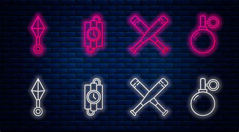 세트 라인 다이너마이트 스틱과 타이머 시계 교차 야구 방망이 일본 닌자 수리켄과 손 수류탄 벽돌 벽에 빛나는 네온 아이콘 벡터 강철에 대한 스톡 벡터 아트 및 기타 이미지