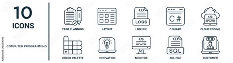 Computer Programming Outline Icon Set Includes Thin Line Task Planning
