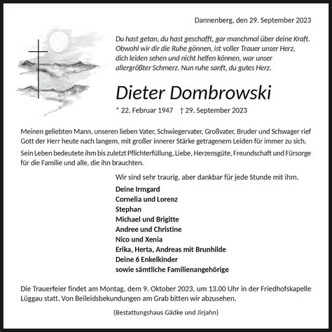 Das Trauerportal Für Lüchow Dannenberg › Todesanzeigen › Dieter Dombrowski