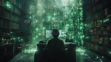 A Dark Room With Binary Code And Data Flowing In The Air A Computer Screen On A Table In The