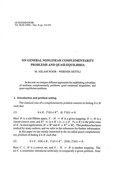 Pdf On General Nonlinear Complementarity Problems And Quasi Equilibria