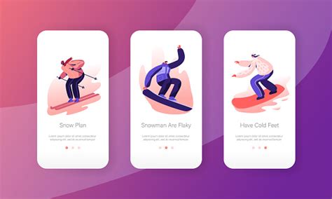 극단적 인 스노우 보드와 스키 승마와 스턴트 모바일 앱 페이지 온보드 화면 세트 웹 사이트 또는 웹 페이지 만화 플랫 벡터 일러스트레이트에 대한 젊은 스포츠맨 스노우 보드