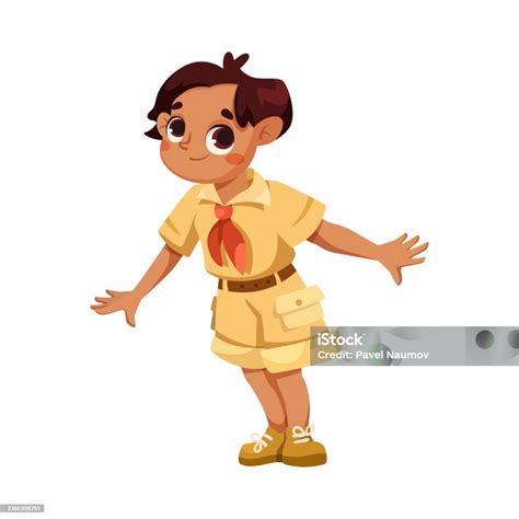 귀여운 소년 캐릭터 에서 사파리 복장 서 있는 와 미소 짓는 벡터 일러스트 감정에 대한 스톡 벡터 아트 및 기타 이미지 Istock