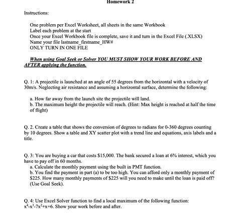 Homework 2 Instructions One Problem Per Excel