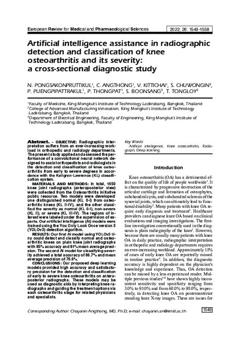 Pdf Artificial Intelligence Assistance In Radiographic Detection And Classification Of Knee