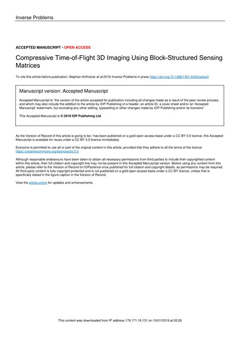 Pdf Compressive Time Of Flight 3d Imaging Using Block Structured Sensing Matrices