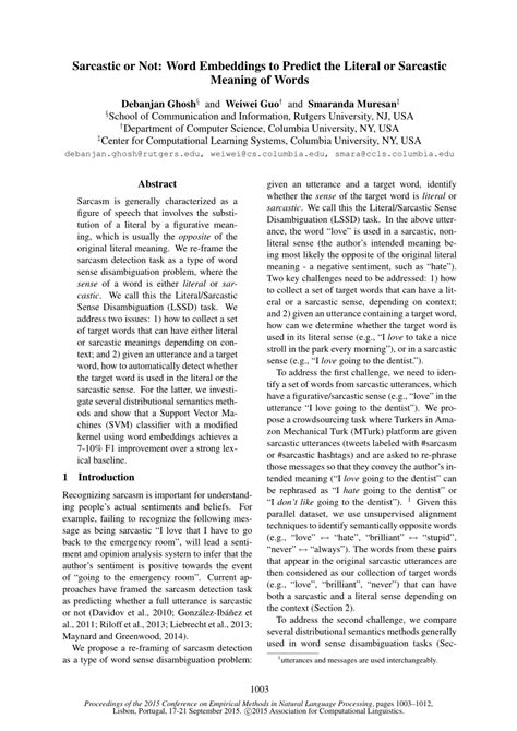 Pdf Sarcastic Or Not Word Embeddings To Predict The Literal Or Sarcastic Meaning Of Words