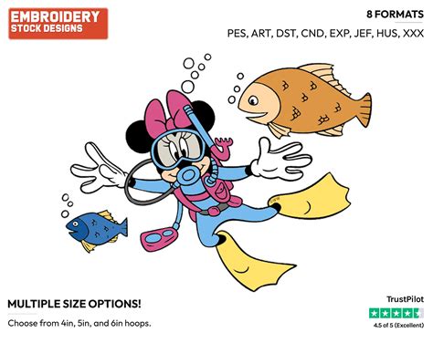 Minnie Mouse Scuba Diving Olympic Games Disney Embroidery Design In 3 Sizes And 8 Formats