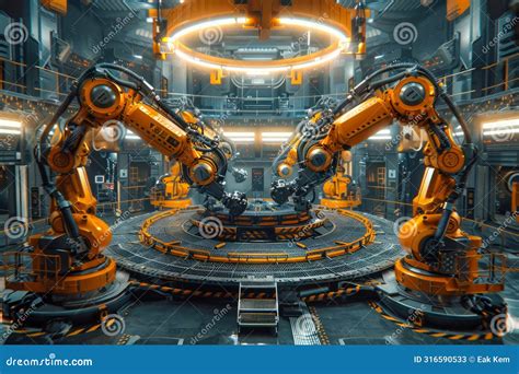 Futuristic Industrial Robotics Assembly Line In High Tech Manufacturing Facility Stock