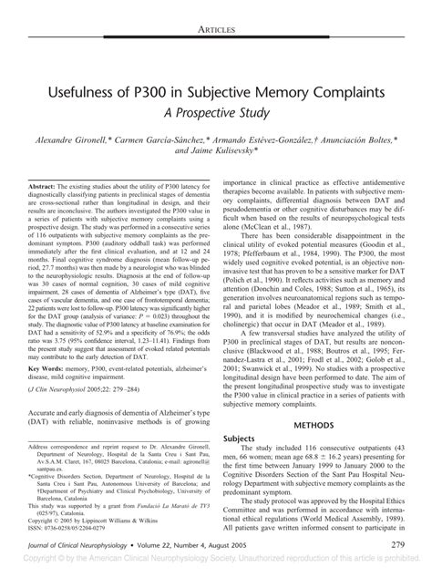 Pdf Usefulness Of P300 In Subjective Memory Complaints