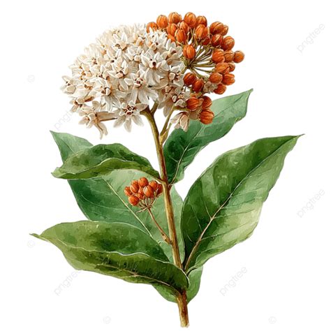 Watercolor Illustration Of Common Milkweed With Long Stem On White