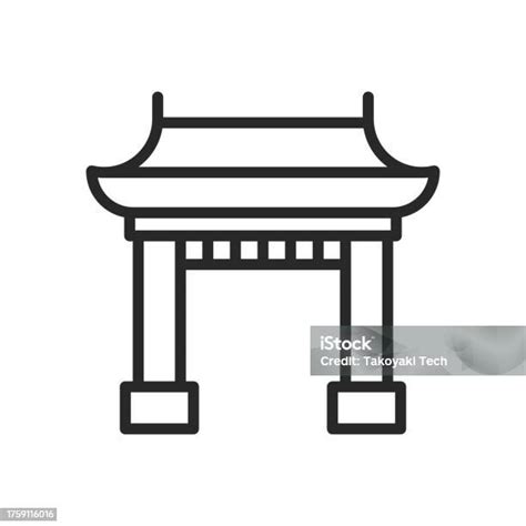 아시아 건축 게이트 아이콘입니다 전통적인 동양 도리이 입구의 벡터 선형 그림 고대 문화 유산과 동양의 영적 상징을 나타냅니다