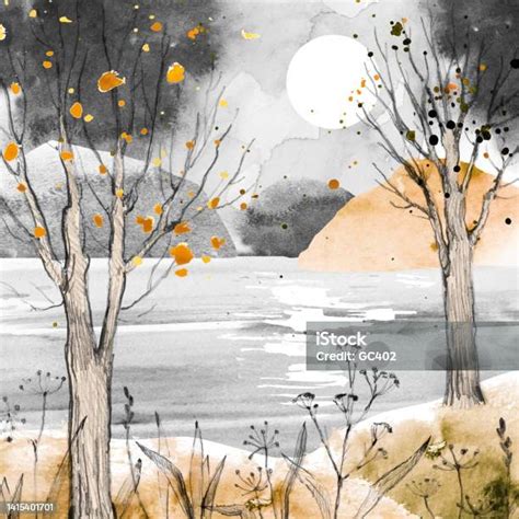 달과 함께 밤하늘 아래 산 허브 및 강이있는 가을 수채화 손으로 그린 벡터 일러스트레이션 인쇄 포스터 배너 표지를위한 스케치 요소로 디자인 수채화에 대한 스톡 벡터 아트 및