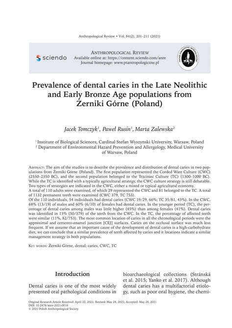 Pdf Prevalence Of Dental Caries In The Late Neolithic And Early